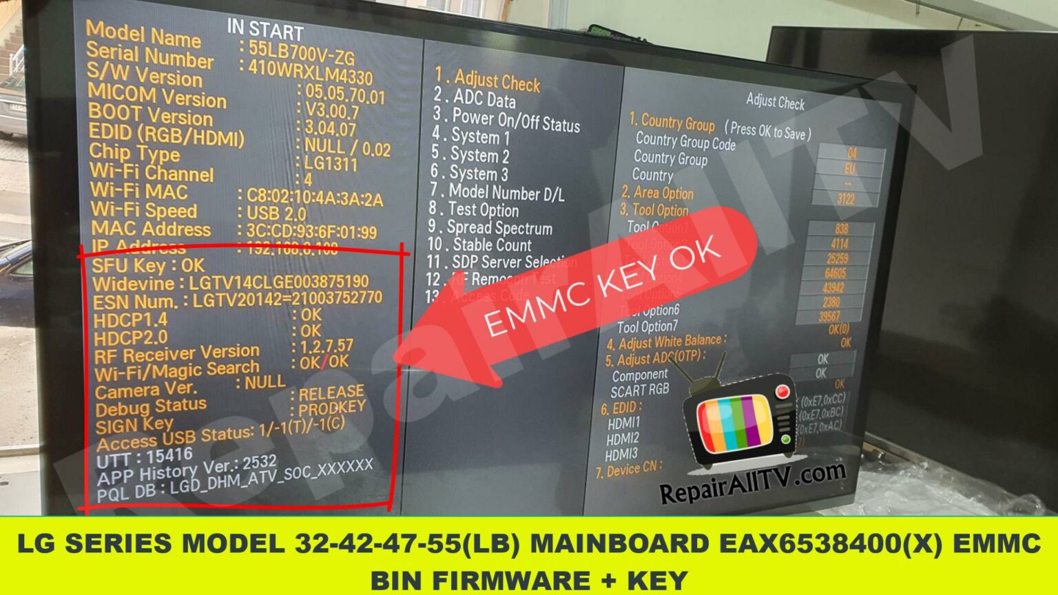 LG TV SERIES MODEL 32-42-47-55(LB) MAINBOARD EAX6538400(X) EMMC KEY ...